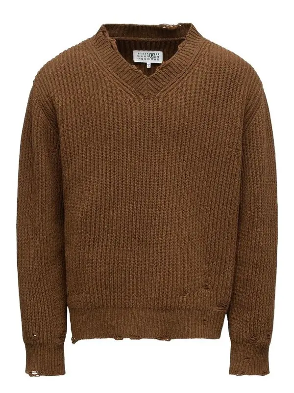 MAISON MARGIELA Ribbed V-neck Sweater - Brown