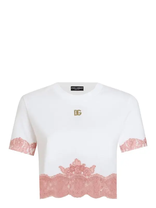 Dolce & Gabbana Cropped Jersey T-shirt With Dg Logo And Lace Inserts - White