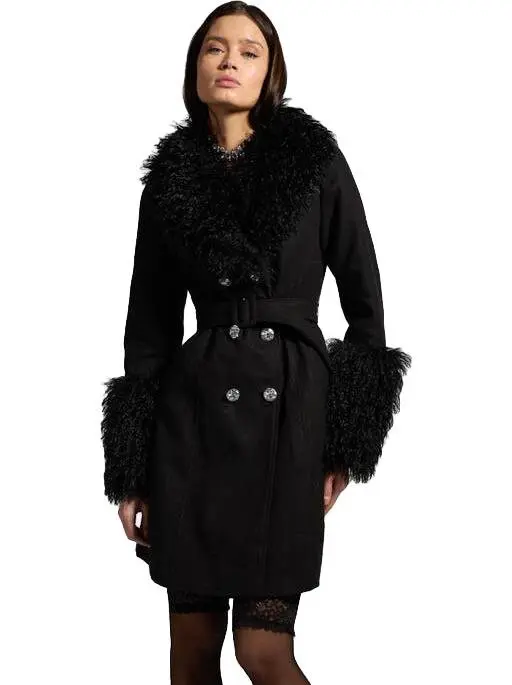 SPARKL Trench Coat With Faux Fur And Crystal Button Details - Black