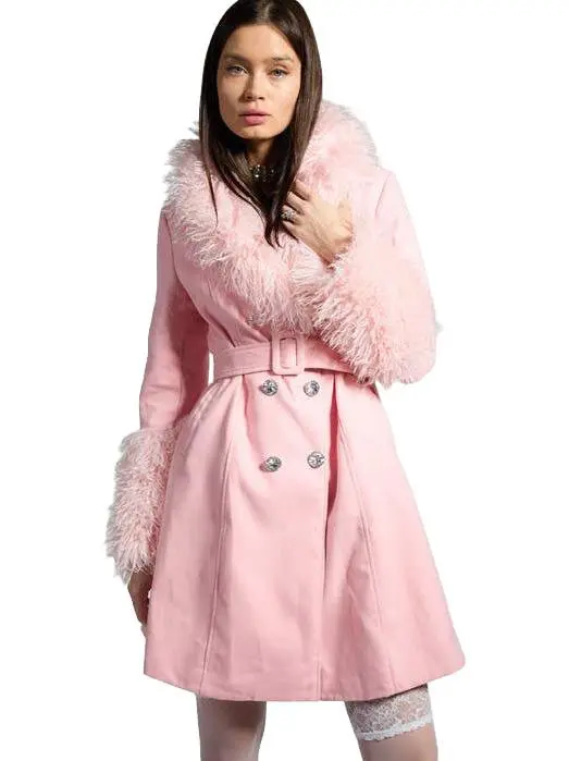 SPARKL Trench Coat With Faux Fur And Crystal Button Details - Pink