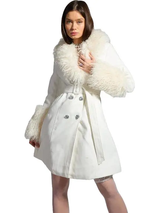 SPARKL Trench Coat With Faux Fur And Crystal Button Details - White