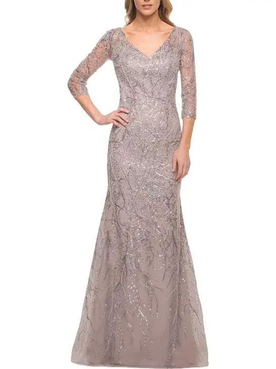 LABOMME Lace Beaded Gown With Sleeves - Lavender/gray