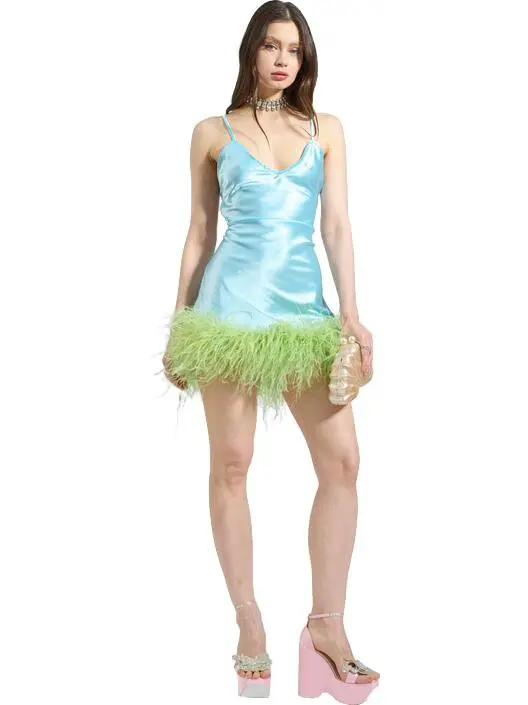 SPARKL Feather-trimmed Silk Mini Dress - Blue/green