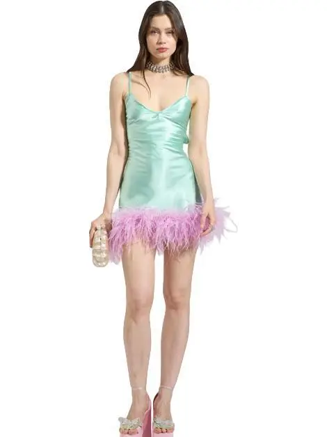 SPARKL Feather-trimmed Silk Mini Dress - Mint/lavender