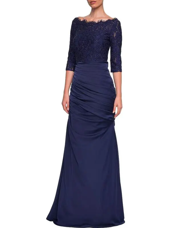 La Femme Gathered Mermaid Gown With Lace Top - Navy