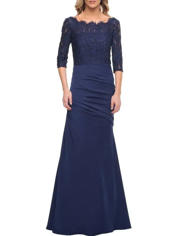 La Femme Gathered Mermaid Gown With Lace Top - Navy