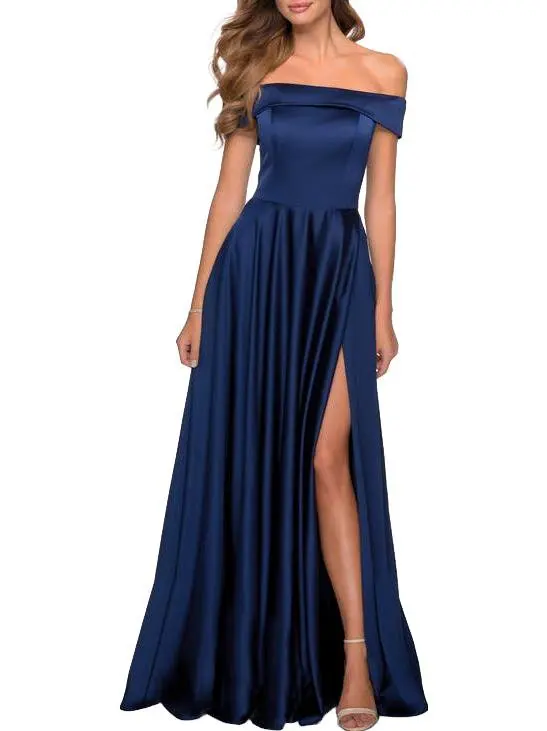 La Femme Satin Off-the-shoulder Evening Dress - Navy