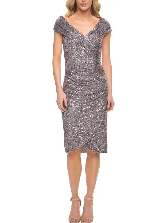 La Femme Off-the-shoulder Sequin Evening Dress - Silver