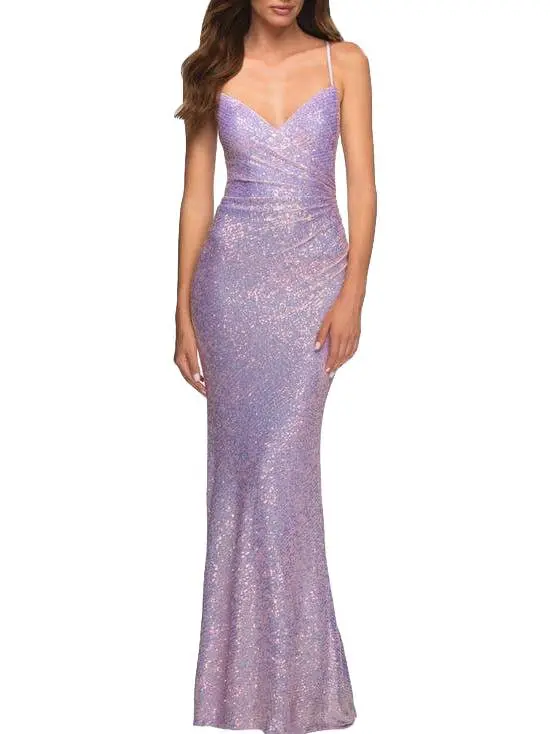 La Femme Sequin Prom Gown With Strappy Back - Light Periwinkle