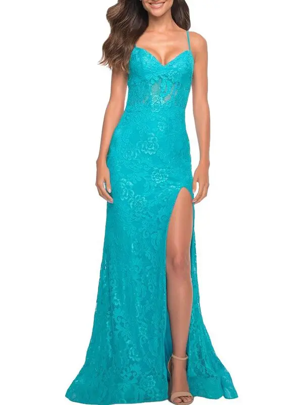 LABOMME Lace Prom Gown With Sheer Bodice And Tie Back - Aqua