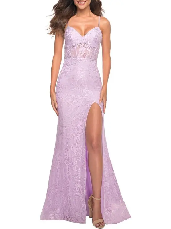 LABOMME Lace Prom Gown With Sheer Bodice And Tie Back - Lavender
