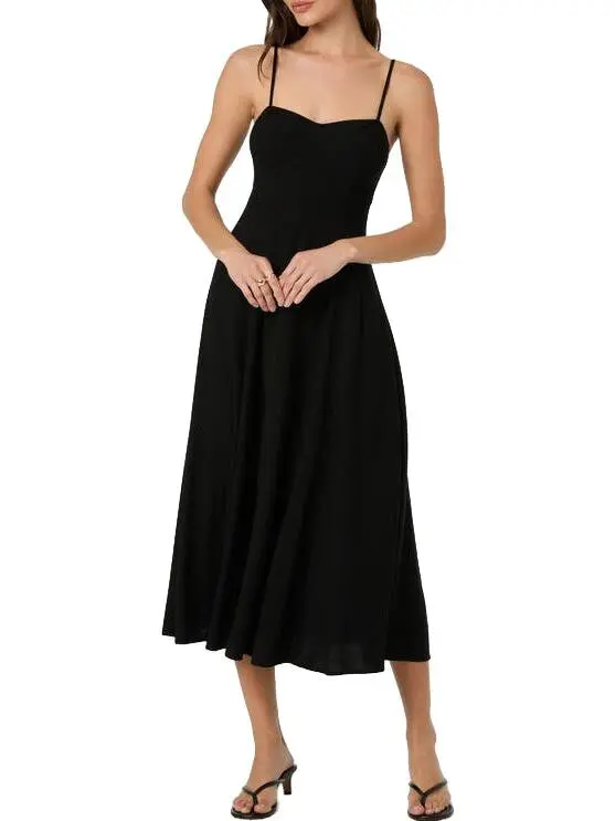 Astr The Label Linen Blend Sweetheart Neck Midi Dress - Black