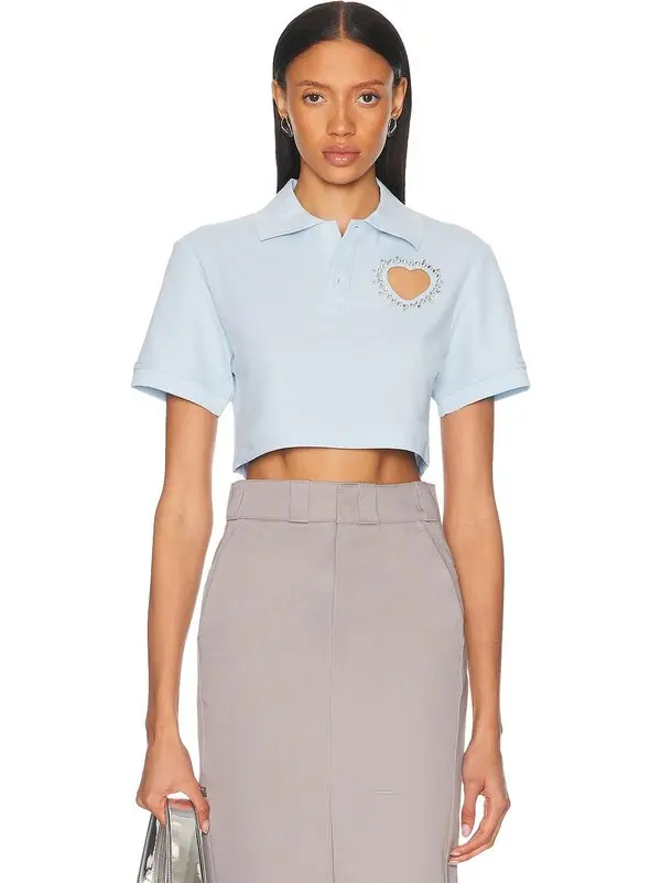 AREA Crystal Heart Cutout Cropped Polo Top - Baby Blue