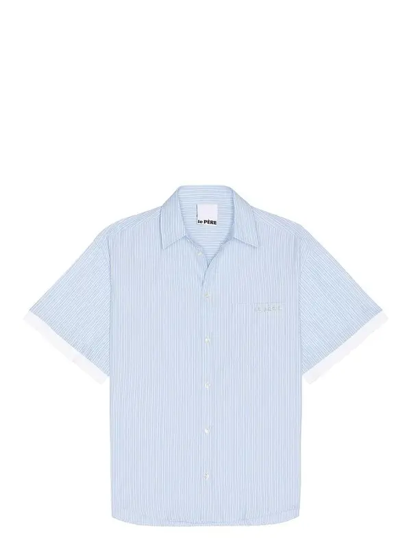 LE PERE Double Short Sleeve Button Down Shirt In Blue In Blue - Blue Stripe