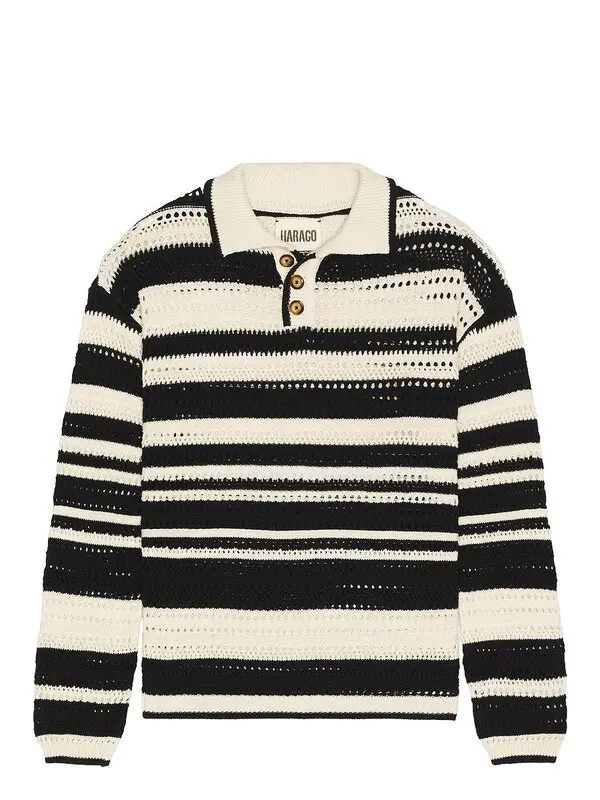 HARAGO Crochet Long Sleeve Polo Shirt In White,black - Black & White