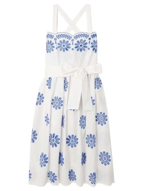 Loretta Caponi Belted Broderie Anglaise Cotton Midi Dress - White
