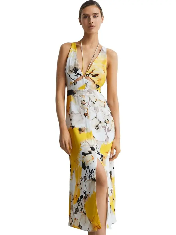 REISS Kasia Floral Print Midi Dress - Yellow