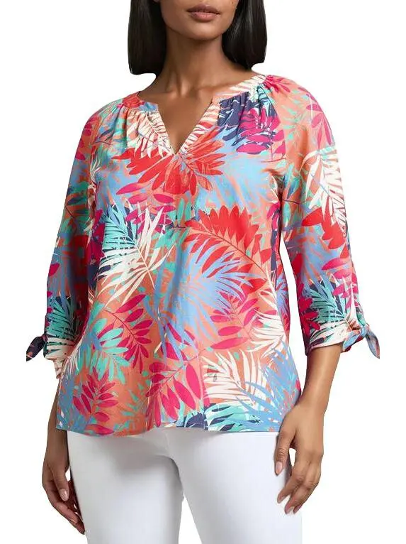 Jones New York Leaf Print Linen Blend Popover Top - Coral Sun Multi