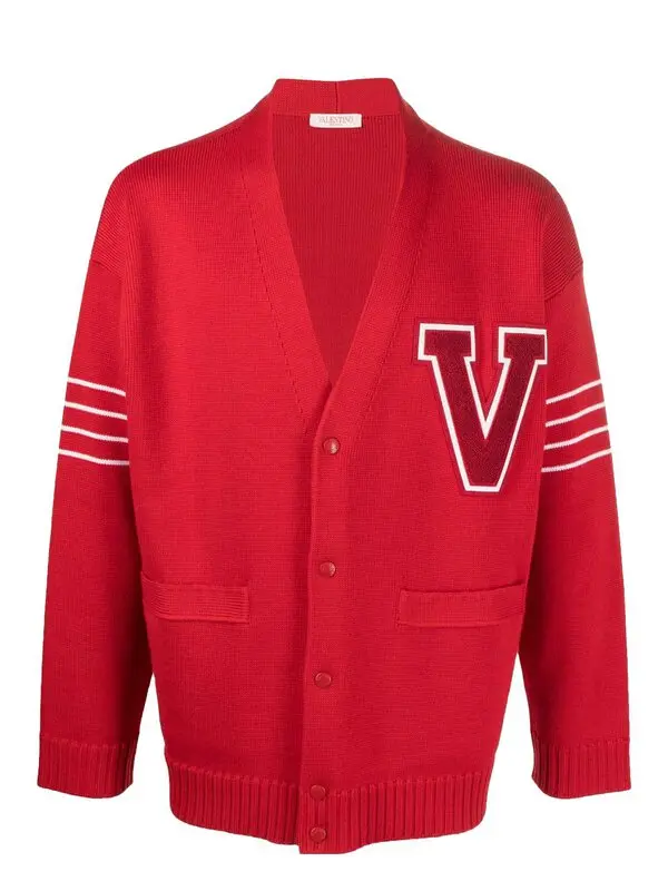 Valentino Garavani Vlogo-patch Wool Cardigan - Red/ivory