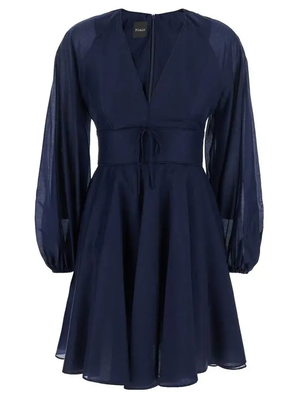 PLAIN Mini Linen Dress With V-neck And Puffed Sleeves - Blue