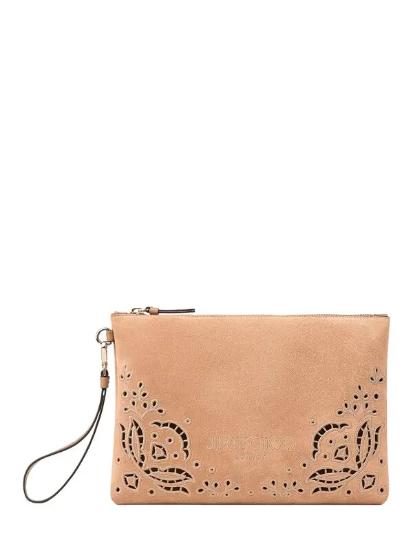 JIMMY CHOO Suede Embroidered Pouch - Beige