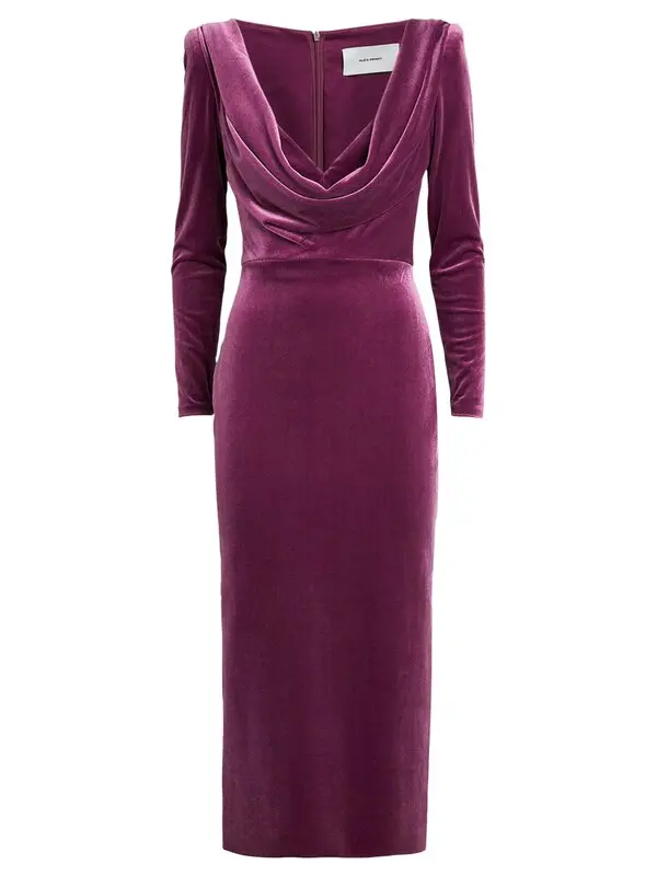 Alex Perry Velvet Draped Midi Dress - Purple