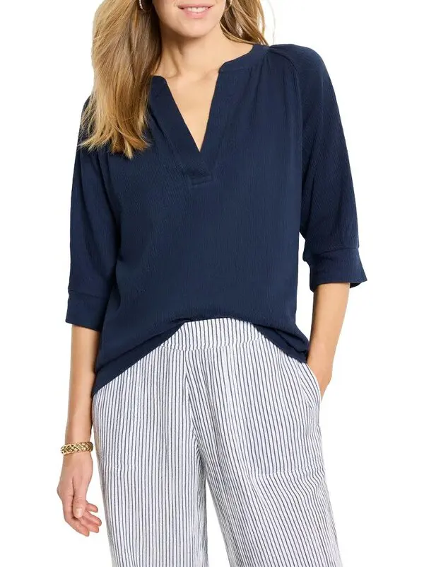 NIC+ZOE Elbow Sleeve Split Neck Top - Dark Indigo