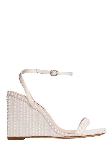 ANNE BARGE Ella Satin Wedge Sandal - White Satin/pearls