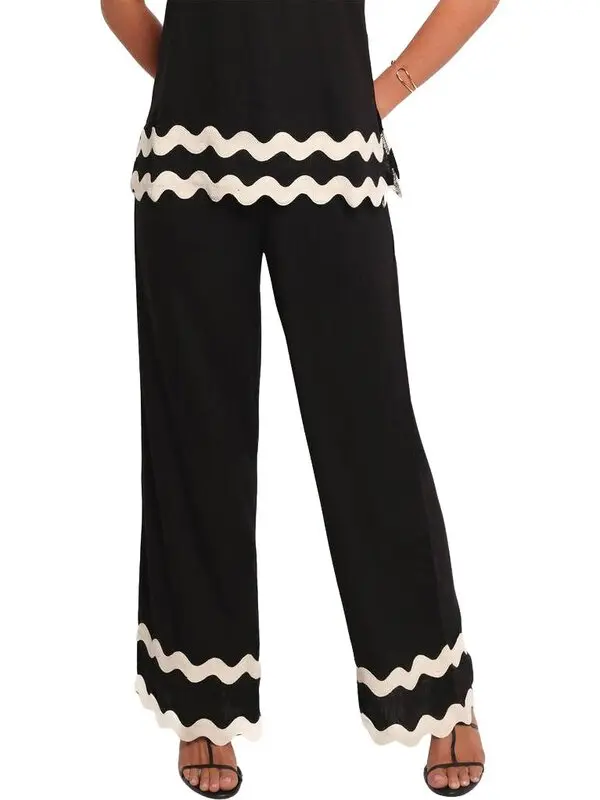 PETAL & PUP Taliah Rickrack Trim Wide Leg Pants - Black