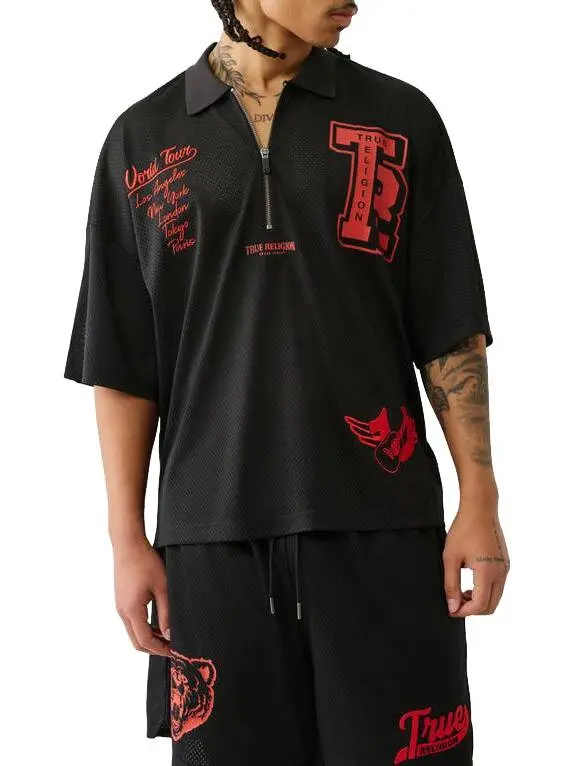 True Religion Mesh Graphic Quarter Zip Polo - Jet Black