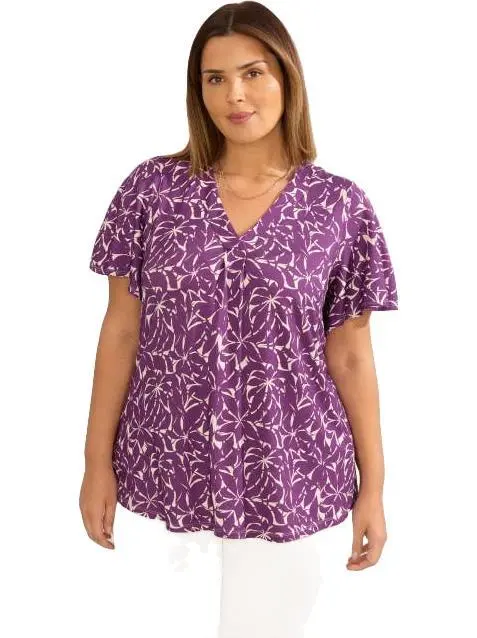 LIVE UNLIMITED Jersey Flutter Sleeve V-neck T-shirt - Purple