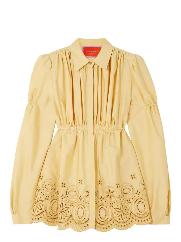 La DoubleJ Franca Gathered Broderie Anglaise Cotton-blend Sateen Shirt - Yellow