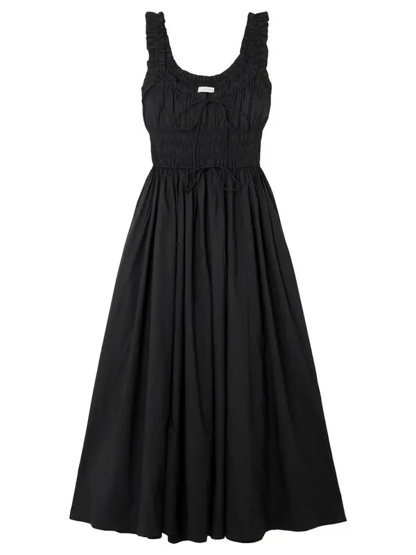 DÔEN Emmaretta Shirred Organic Cotton-voile Midi Dress - Black