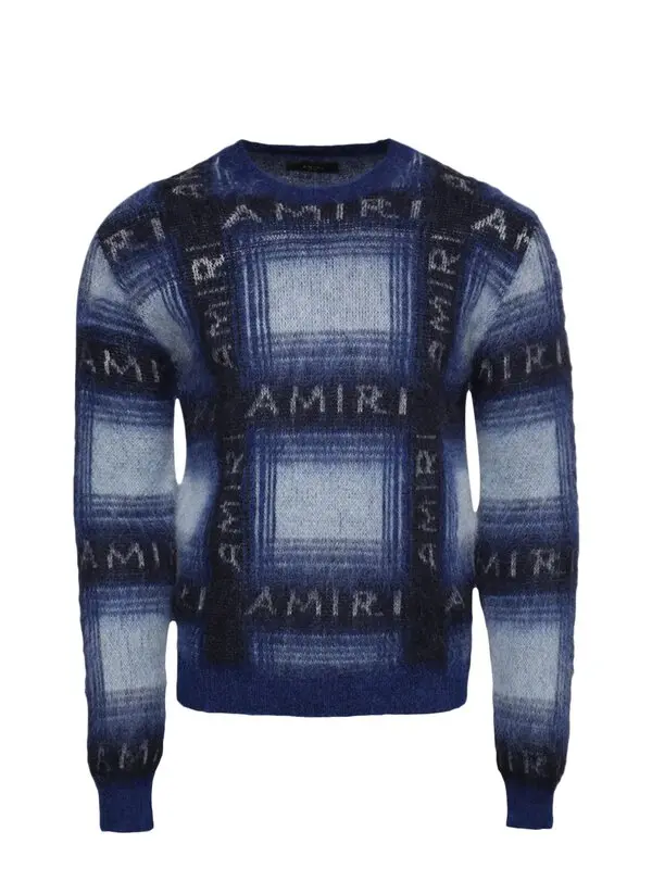 Amiri Brushed Mohair Plaid Crew - Blue