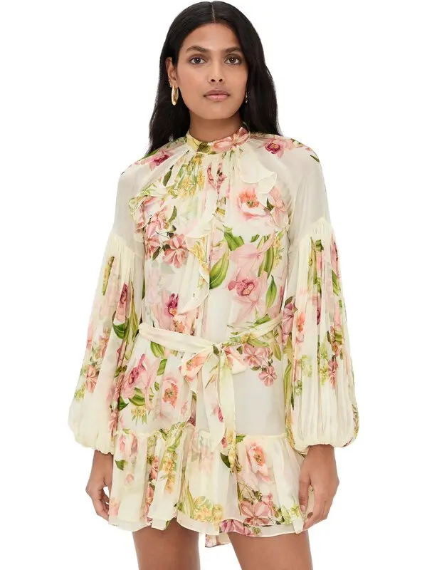 Hemant & Nandita Floral Ruffle Mini Dress With Tie Belt - Ivory Floral