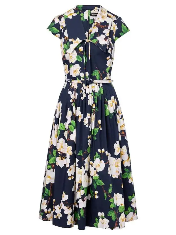 Oscar De La Renta Floral Pleated Cotton-blend Midi Dress - Multicoloured