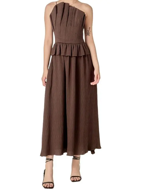 English Factory Pleated Ruffle Strapless Maxi Dress - Brown