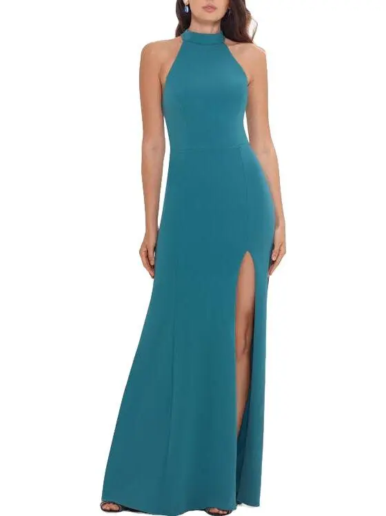 XSCAPE EVENINGS Halter Neck Open Back Gown - New Teal