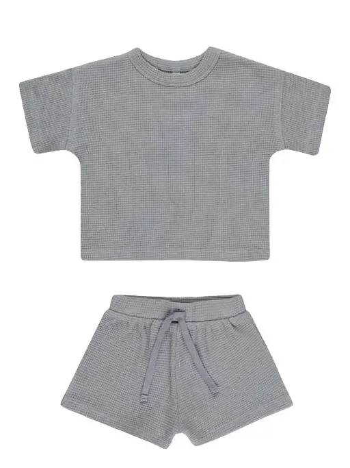 QUINCY MAE Waffle Knit Organic Cotton T-shirt & Shorts Set - Blue