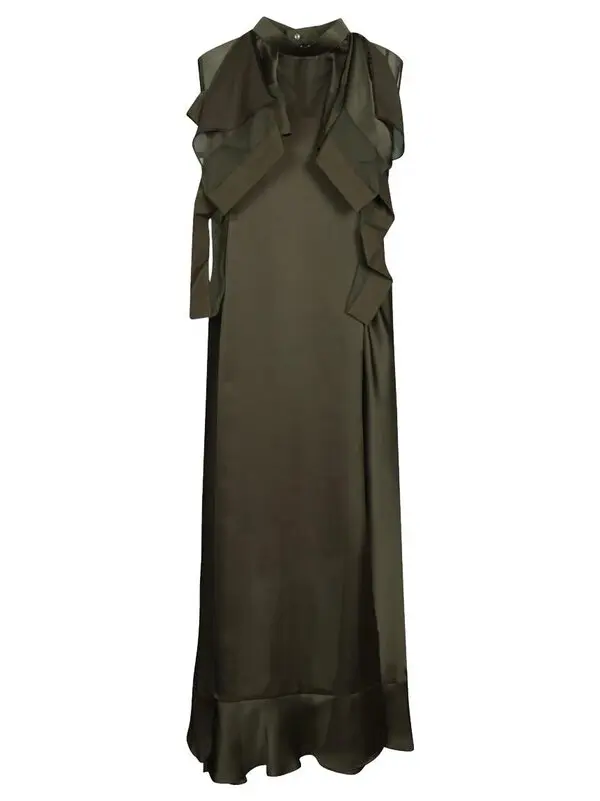 Sacai Long Satin Dress With Ruffle Detail - Green