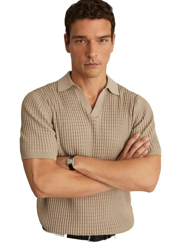 REISS Merit Micro-cable Open-collar Cotton-blend Shirt - Light Camel Brown