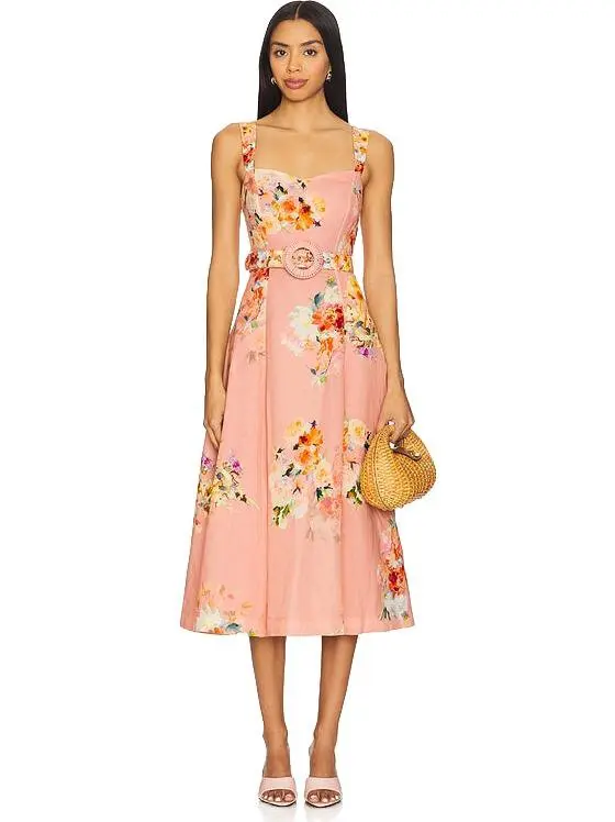 Hemant & Nandita Midi Dress With Buckle Belt - Peach Floral