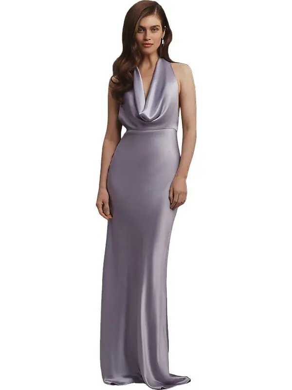 SAU LEE Pearl Satin Plunging Cowl Neck Bias-cut Sheath Maxi Dress - Dusty Lavender