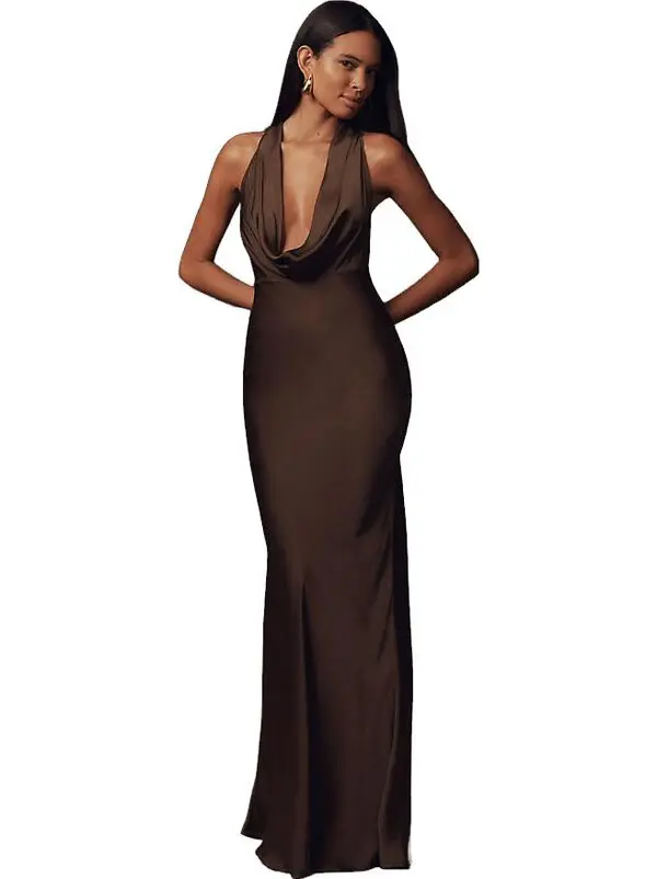 SAU LEE Pearl Satin Plunging Cowl Neck Sheath Maxi Dress - Mocha