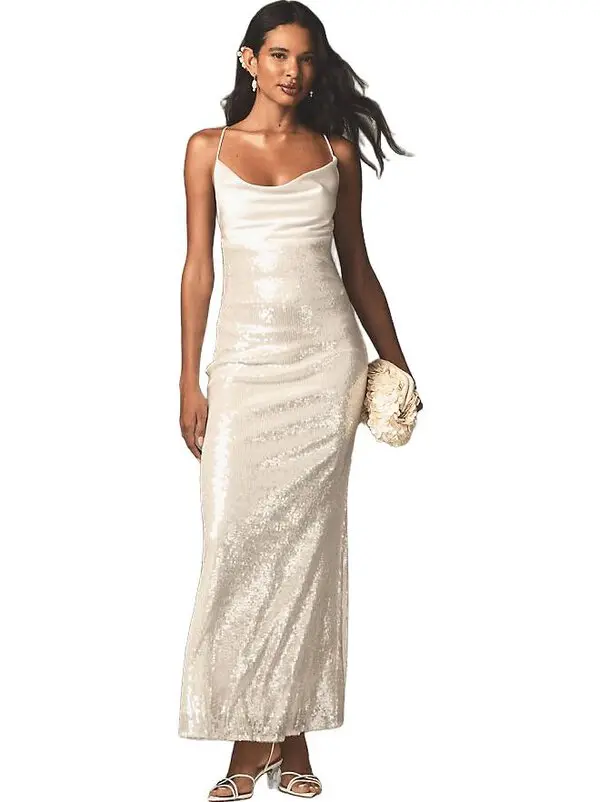 MARE MARE Satin Cowl-neck Sequin Column Maxi Dress - Ivory