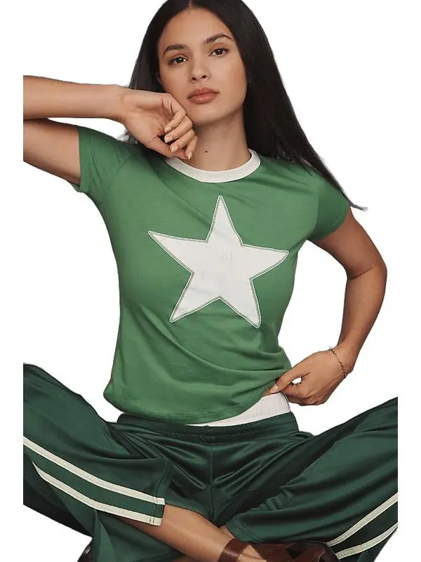 LETLUV Star Short-sleeve Ringer Crew-neck T-shirt - Dark Green