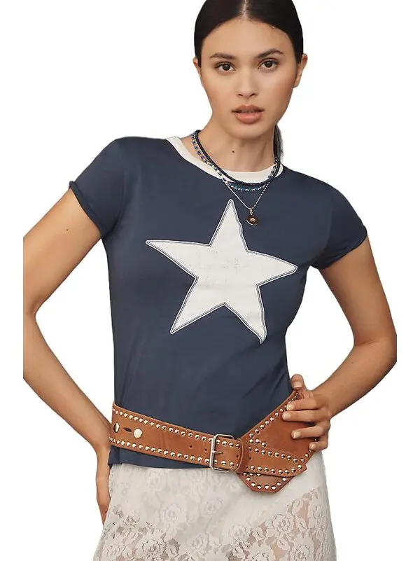 LETLUV Star Short-sleeve Ringer Crew-neck T-shirt - Navy