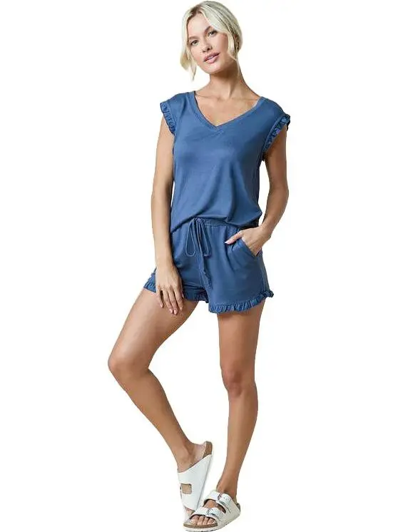 SOFTIES Ruffle Tank Top With Shorts Set - Indigo