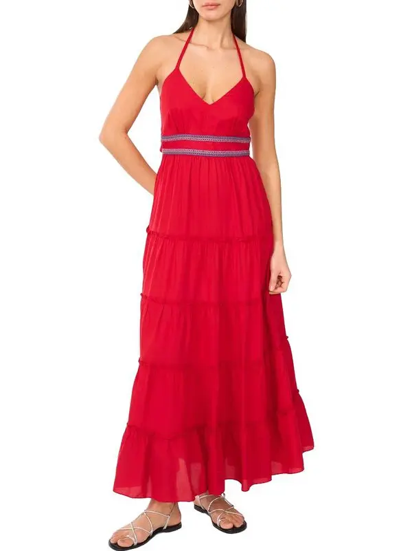 Vince Camuto Halter Neck Tiered Maxi Dress - Radiant Red