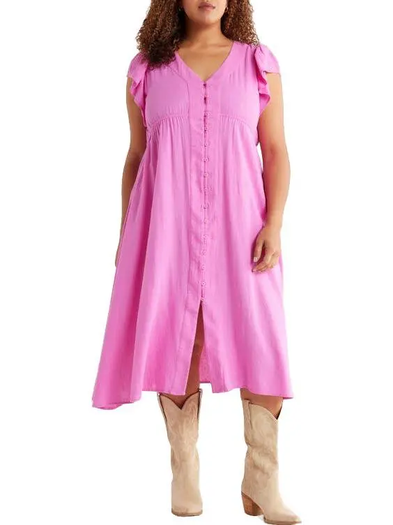 Treasure & Bond Short Sleeve Linen Blend Midi Dress - Pink Surprise